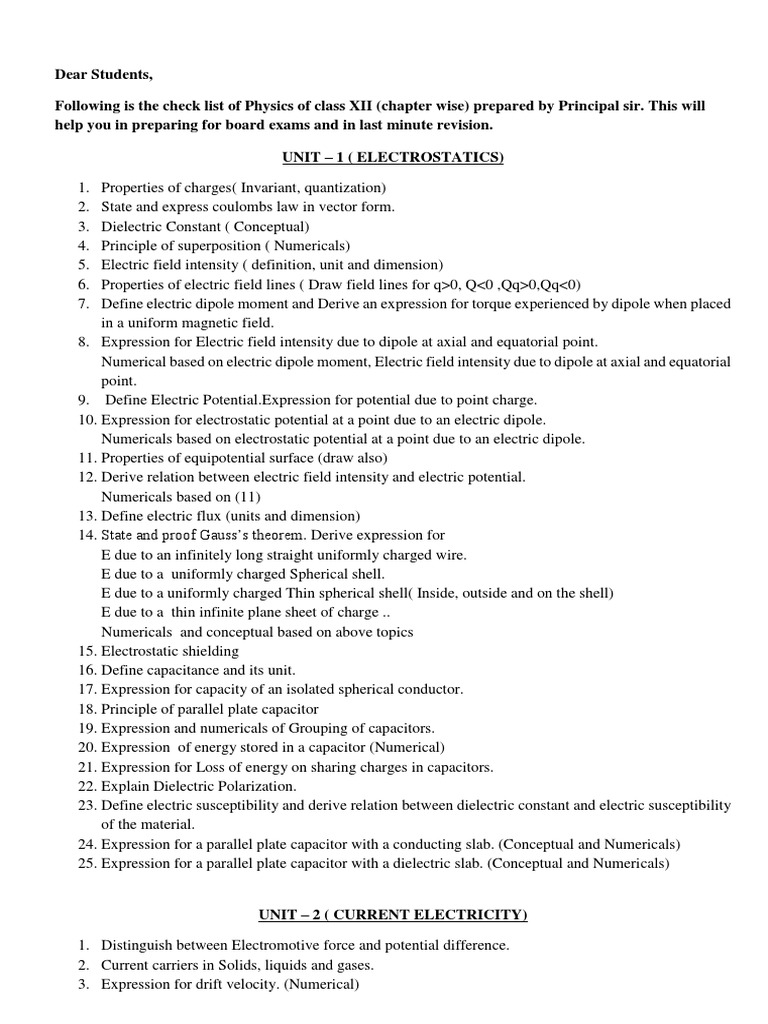 Class 12 Physics Chapter Checklist: A Comprehensive Review of Key ...