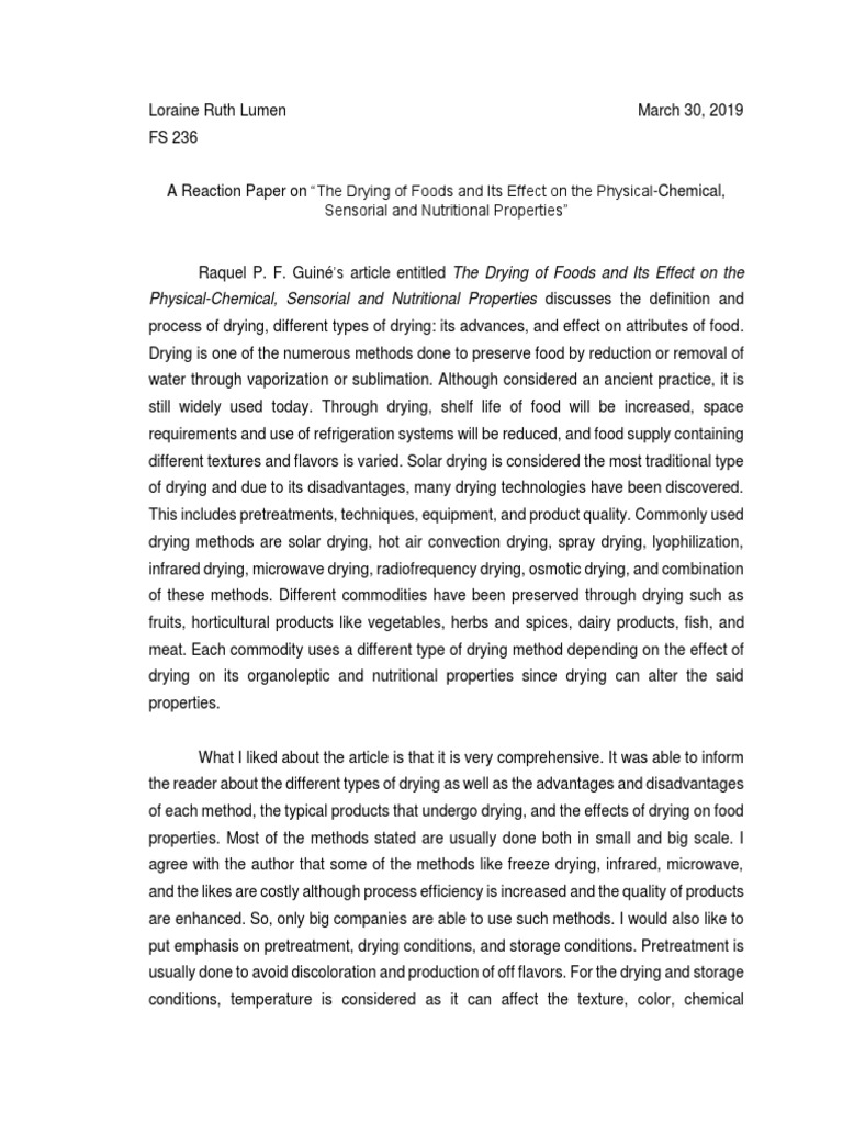 A Reaction Paper On "The Drying of Foods and Its Effect On The Physical ...