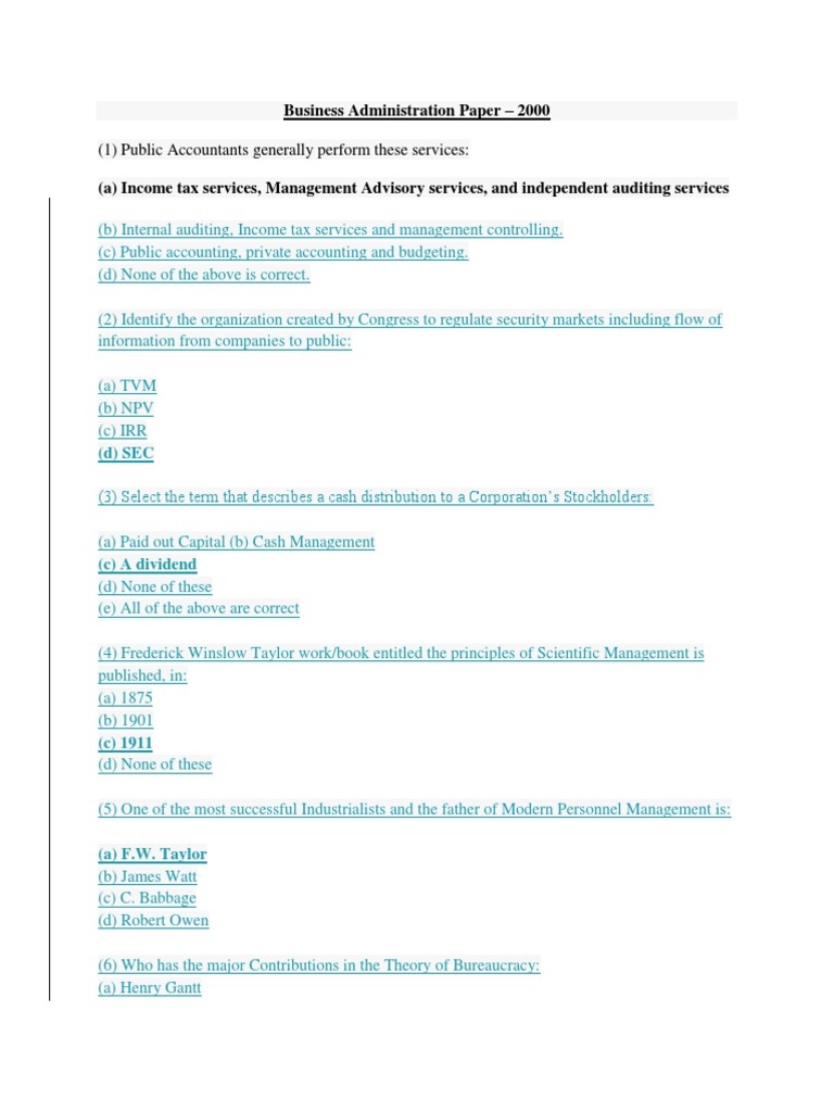 Business Administration Past Paper | PDF | Stocks | Sarbanes–Oxley Act