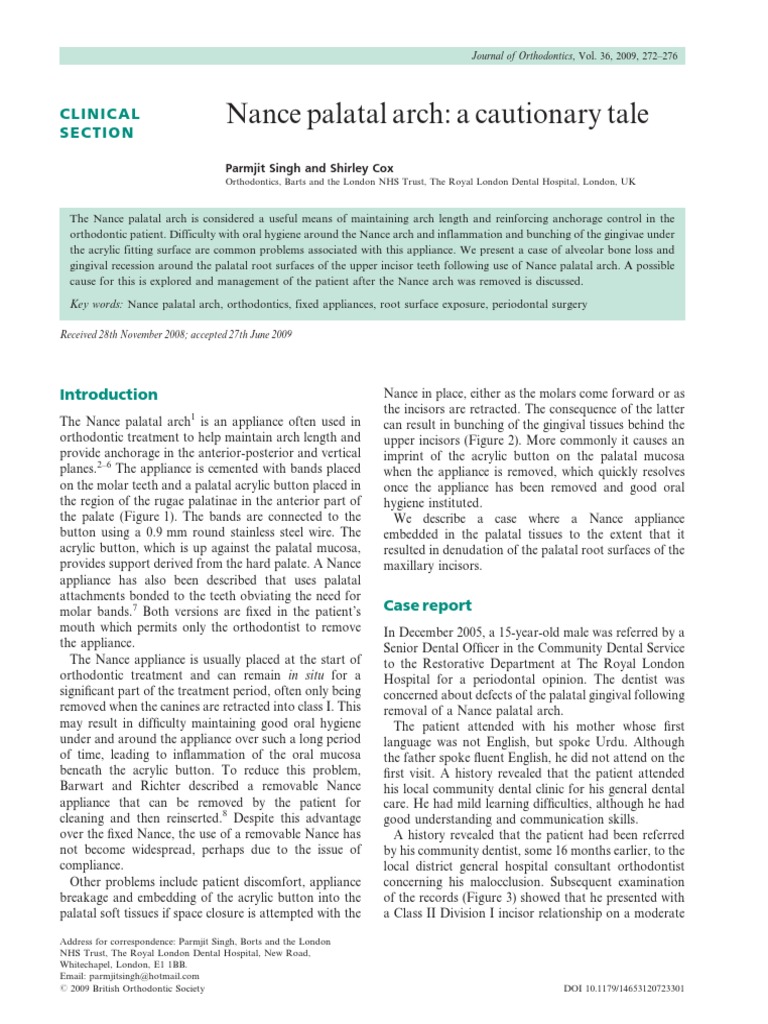 Nance Palatal Arch A Cautionary Tale | PDF | Orthodontics | Periodontology