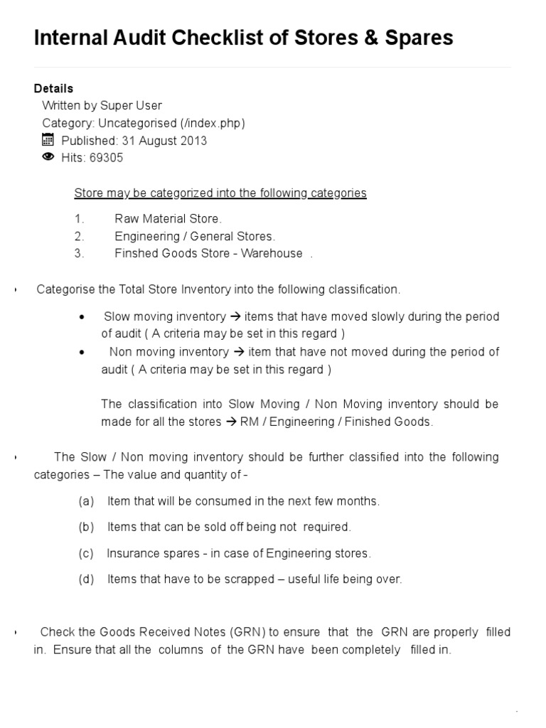 Internal Audit Checklist of Stores & Spares | PDF | Inventory | Warehouse