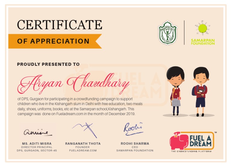 Aryan Chaudhary - 10 - Certificate - DPS - Gurgaon - SAMARPAN | PDF