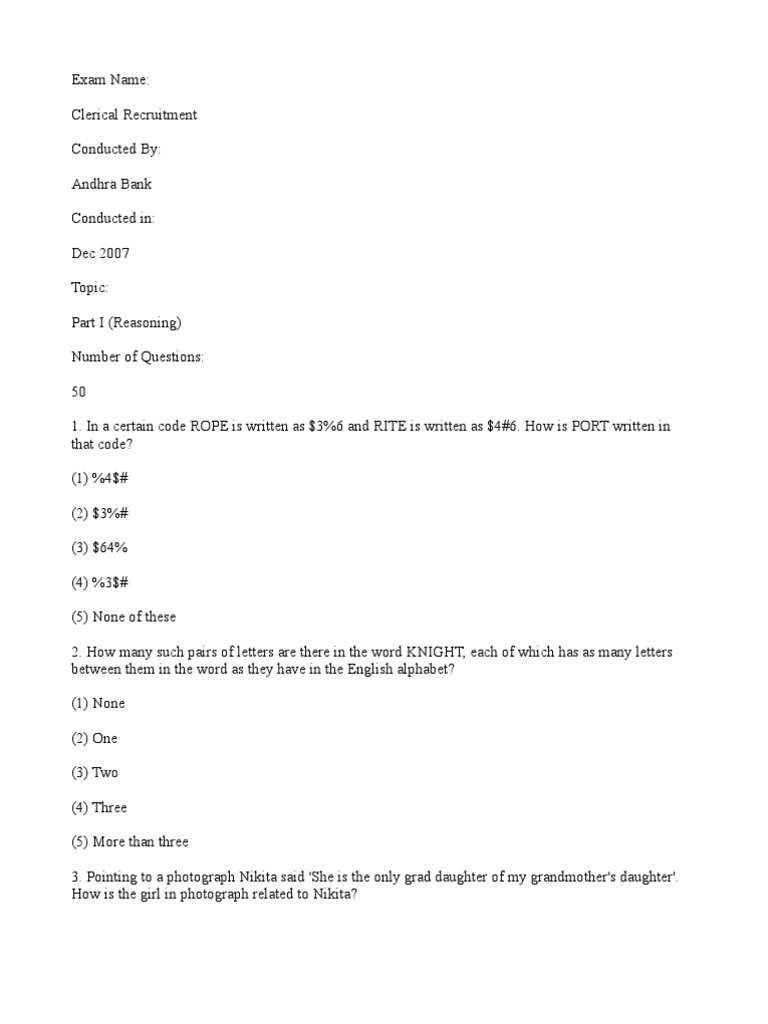 Andhra Bank Clerk Reasoning Paper 2007 | PDF | Sports & Recreation ...