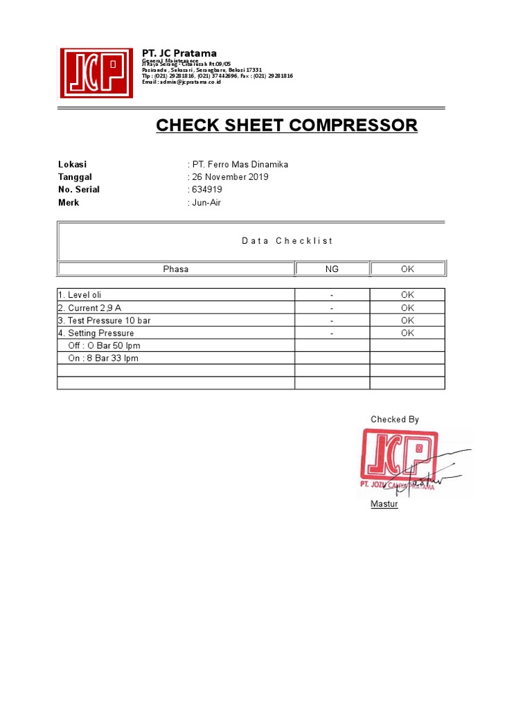 Check Sheet Compressor | PDF