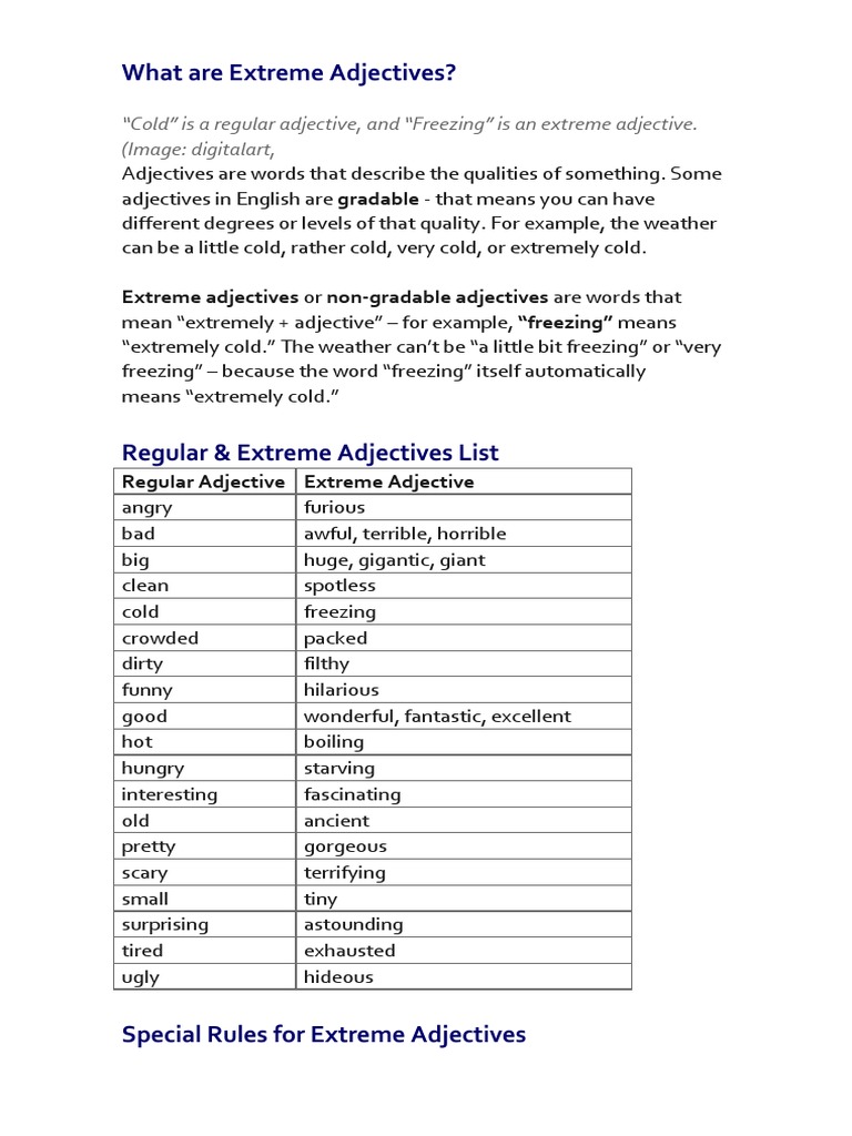 Extreme Adjectives vs Regular Adjectives | PDF | Adjective | Linguistic ...