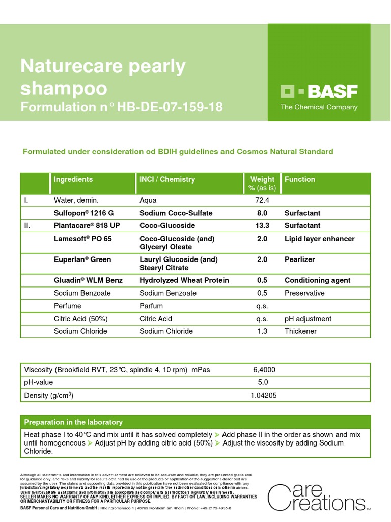 Naturecare Pearly Shampoo (Formulation # HB-DE-07-159-18) | PDF ...