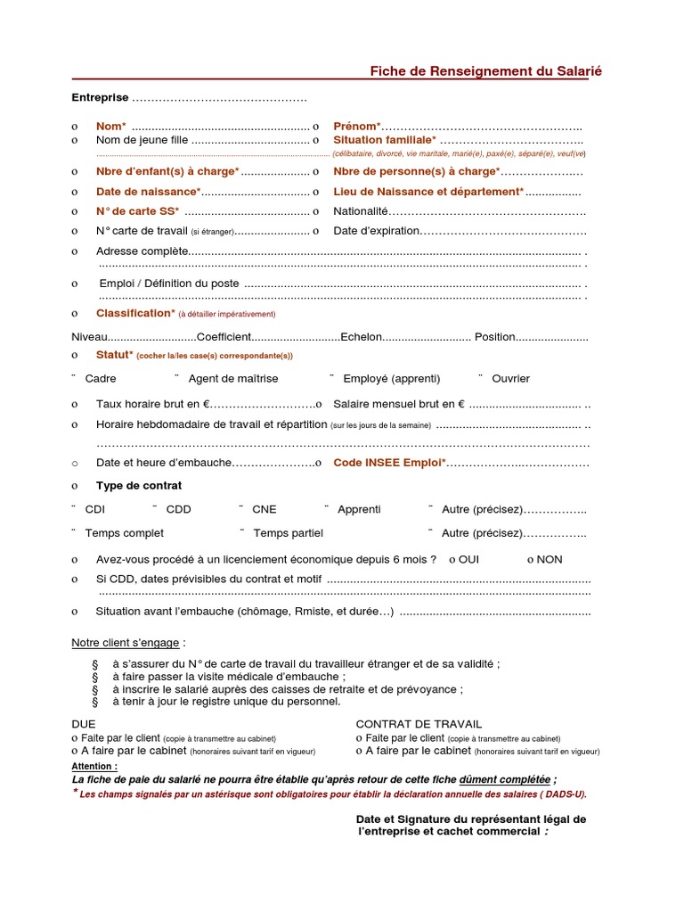 Fiche de Renseignement Du Salarie | PDF | Travail | Emploi