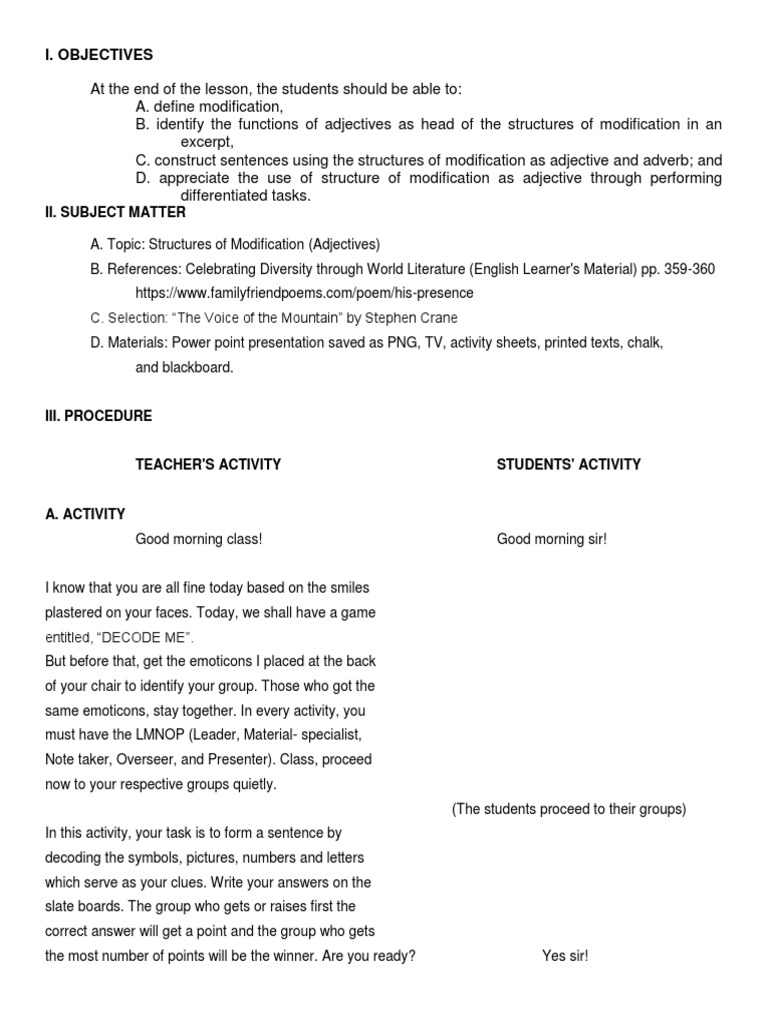 Adjective Modification Lesson | PDF | Adjective | Verb