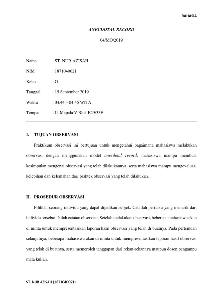 Contoh Anecdotal Record Observasi | PDF | Sains & Matematika
