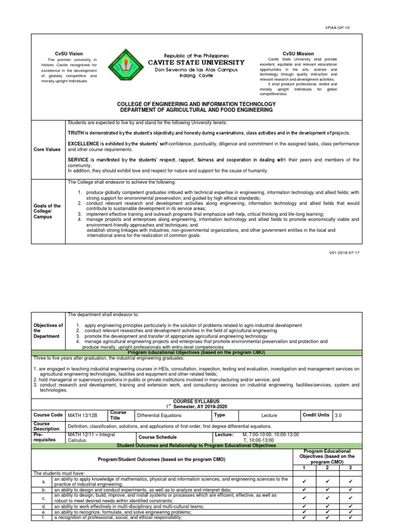 Differential Equations Syllabus 2019-2020 | PDF | Industrial ...