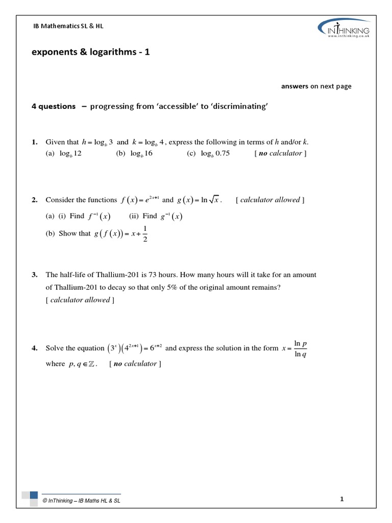Logarithms and Exponets Worksheet Exam Style PDF | PDF