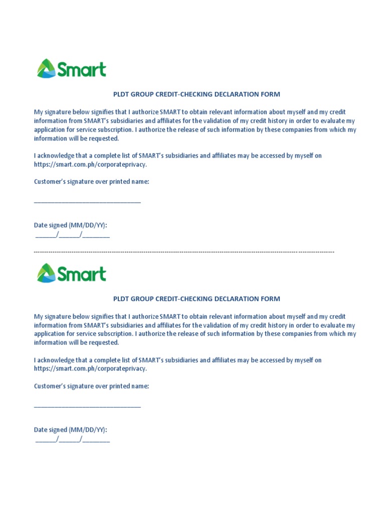 PLDT Group Credit Checking Declaration Form PDF | PDF