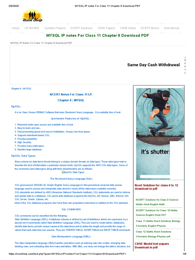 MYSQL IP Notes For Class 11 Chapter 9 Download PDF | Download Free PDF ...