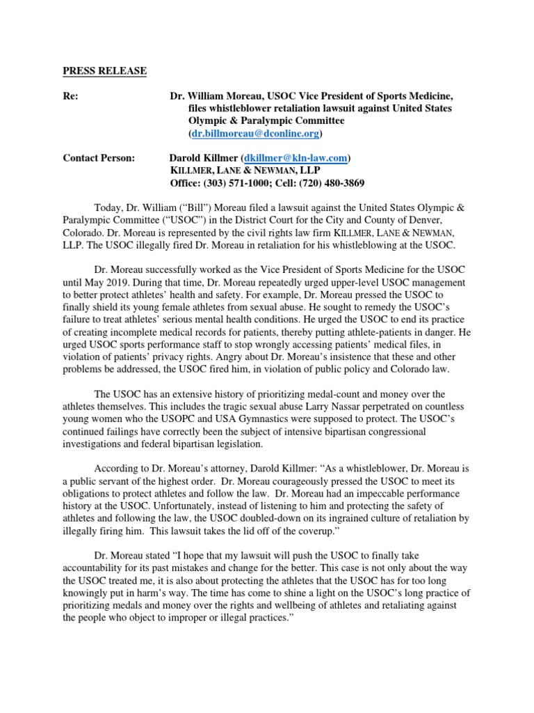 Dr. William Moreau Lawsuit Press Release | PDF | Whistleblower ...