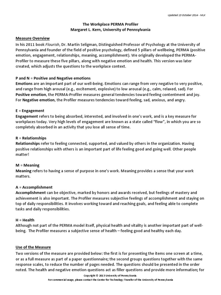 Workplace Perma Profiler | PDF | Emotions | Clinical Psychology