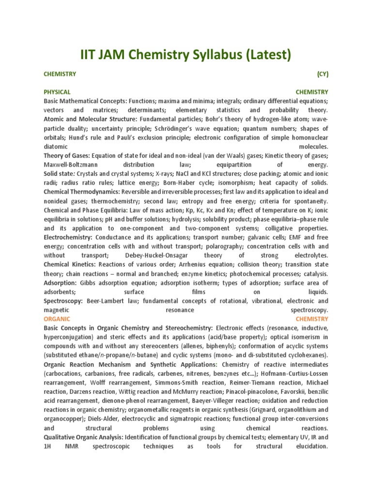 IIT JAM Chemistry Syllabus PDF | PDF | Chemical Reactions | Inorganic ...
