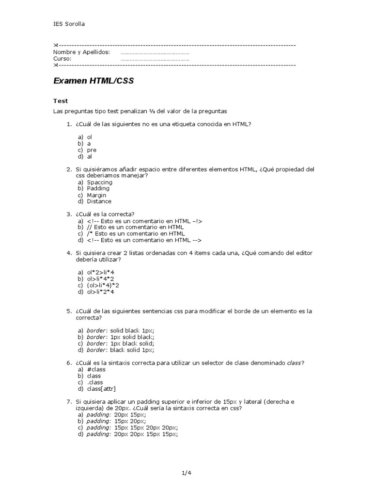 Examen HTML-CSS | PDF | Hojas de estilo en cascada | HTML
