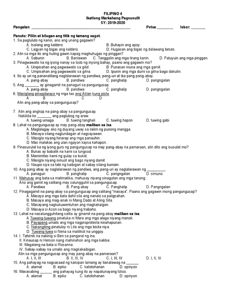 FILIPINO 4 TQs Q3 | PDF