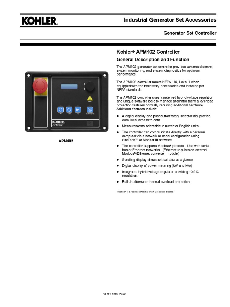 Kohler APM402 | PDF | Relay | Switch