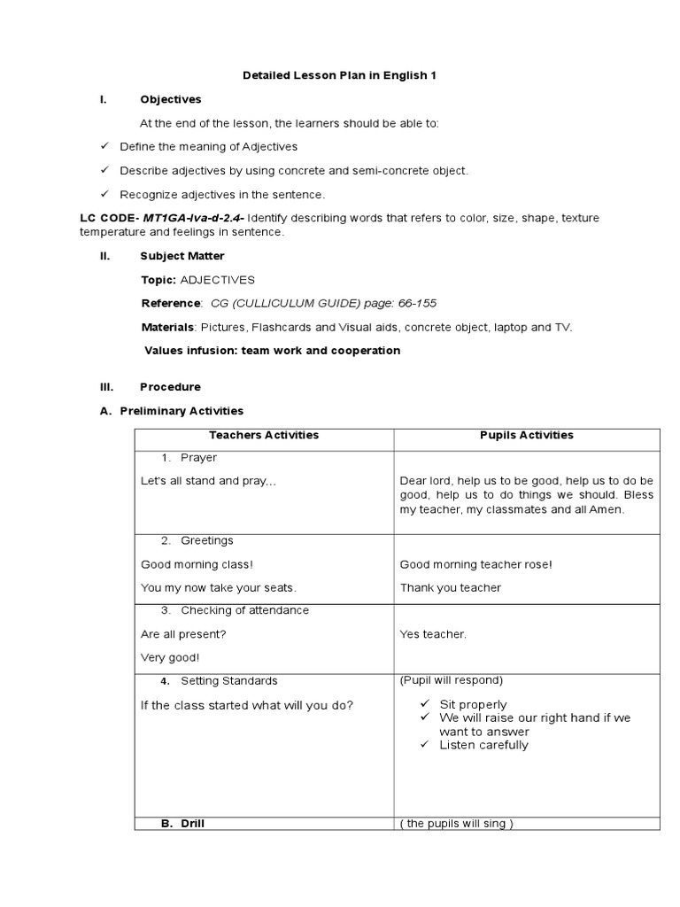 Adjectives Lesson Plan for Grade 1 | PDF | Adjective | Cognition