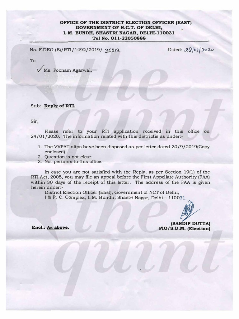 RTI Reply On VVPAT Slips | PDF