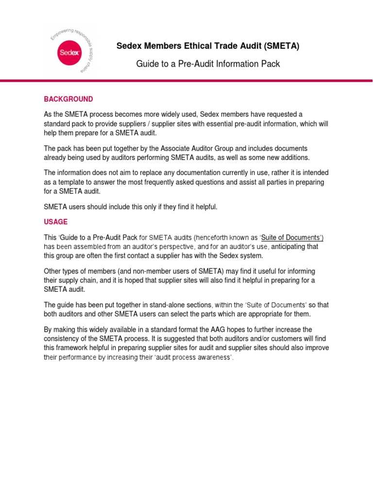 0A SMETA Guide to Pre-Audit Information | Employment | Supply Chain