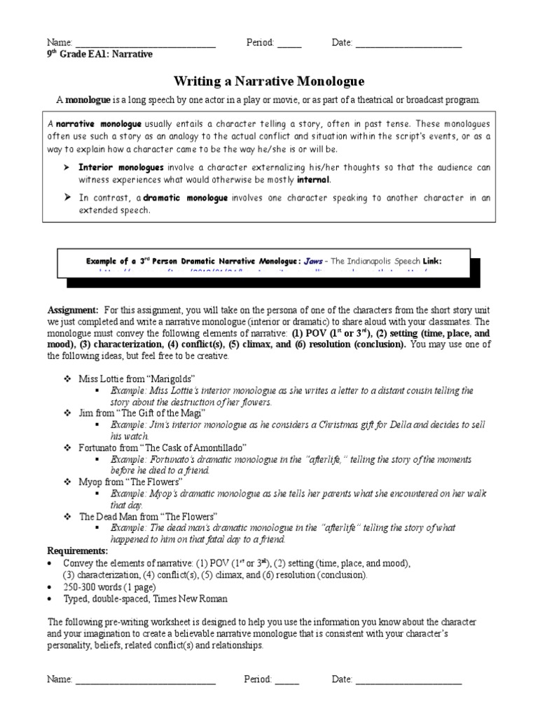 9th Grade Narrative Monologue Guide | PDF | Monologue | Narration