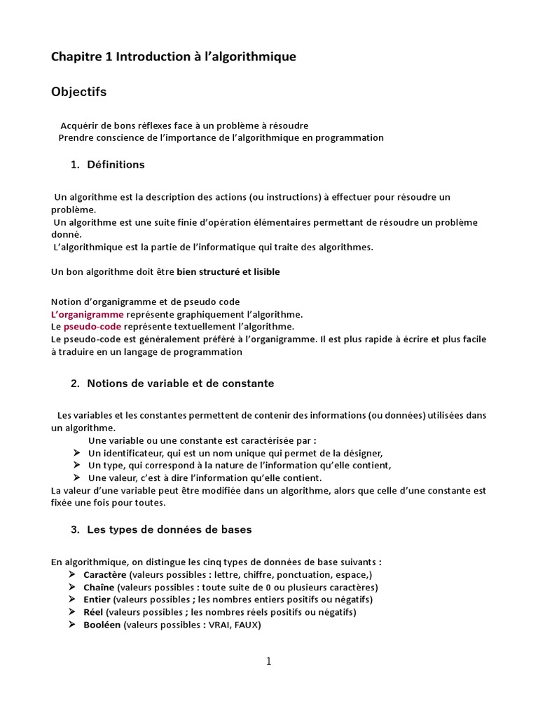 Chapitre 1 | PDF | Variable (informatique) | Structure de contrôle