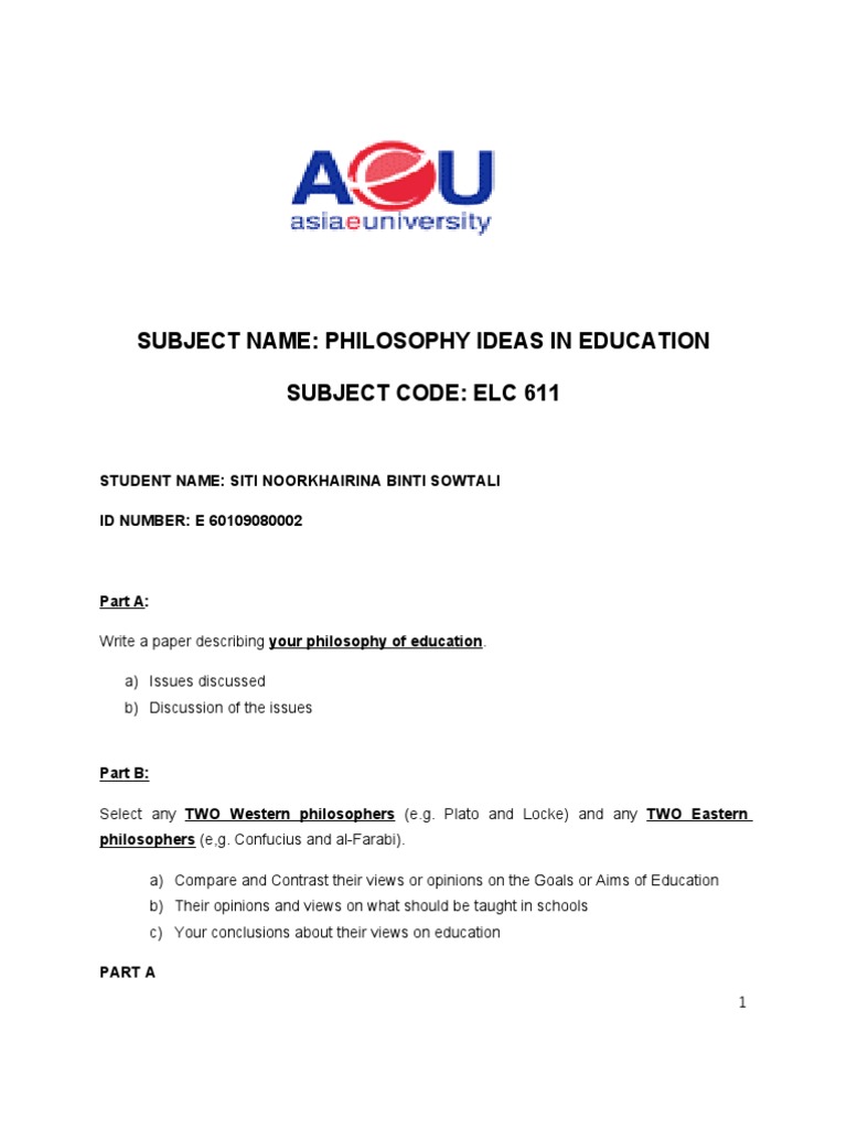 Subject Name: Philosophy Ideas in Education Subject Code: Elc 611 | PDF ...