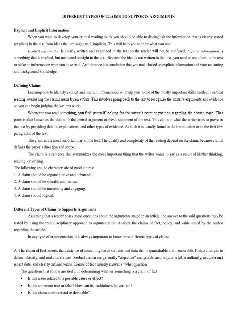 Types of Claims | PDF | Proposition | Argument