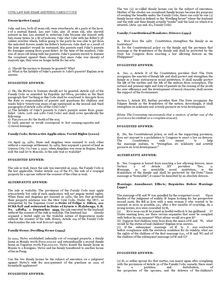 Civil Law Bar Exam Answers Family Code | PDF | Annulment | Marriage