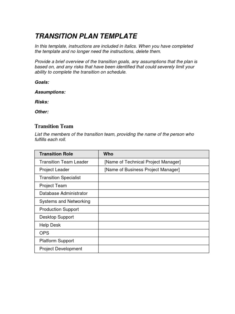 Transition Plan Template | Download Free PDF | Expert | Project Management