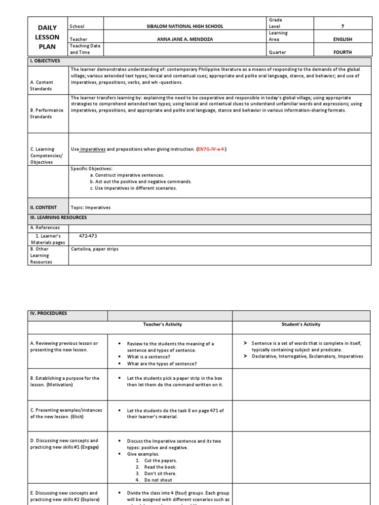 DAILY LESSON PLAN Grade 7, 4th Quarter | PDF | Sentence (Linguistics ...