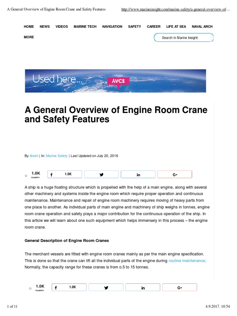 Engine Room Crane and Safety Features | PDF | Crane (Machine) | Brake