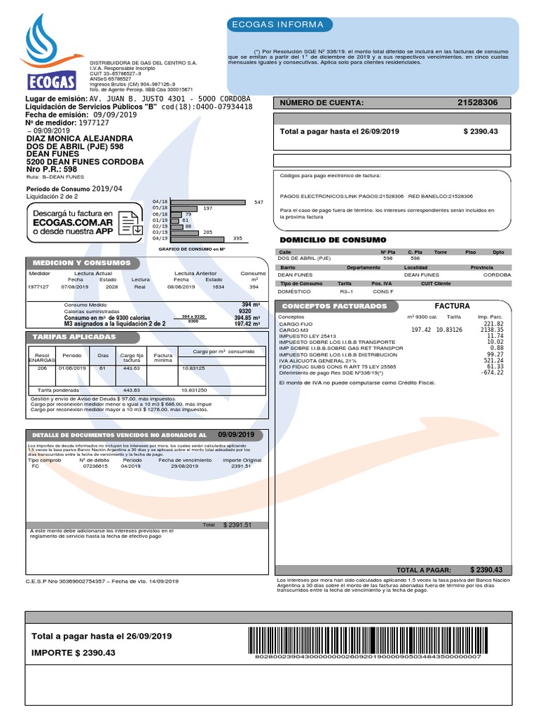 Factura Debito ECOGAS Nro 07934418 21528306 | PDF | Factura | Economias