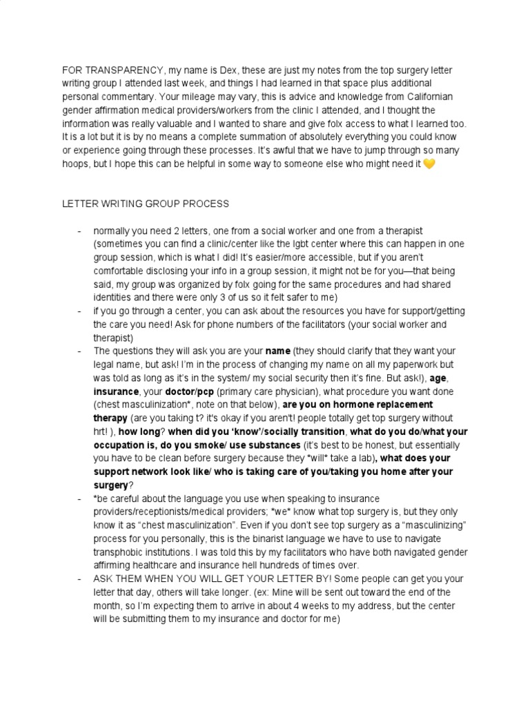 Top Surgery Writing Group Notes | PDF | Scar | Surgery