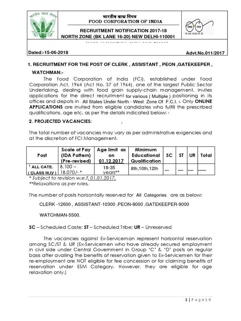 Notification FCI 2017 18 - Various Posts PDF | PDF | Payments ...