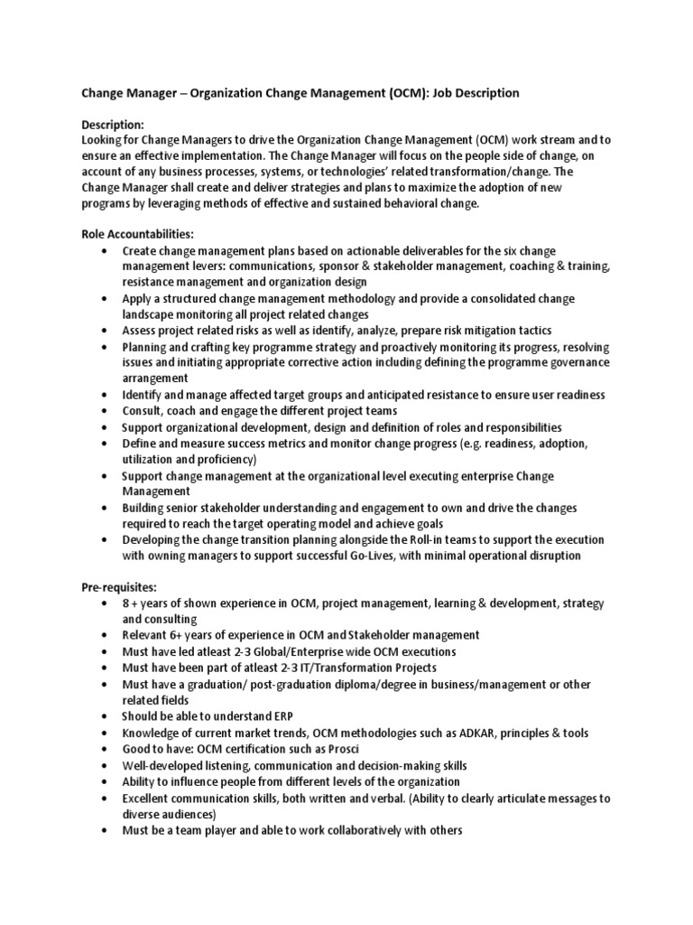 Change Manager Job Description for OCM | PDF | Change Management ...