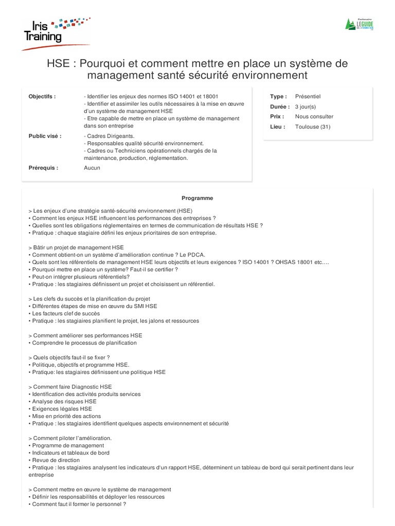 Système de management HSE : Guide pratique | PDF | Sécurité | Planification