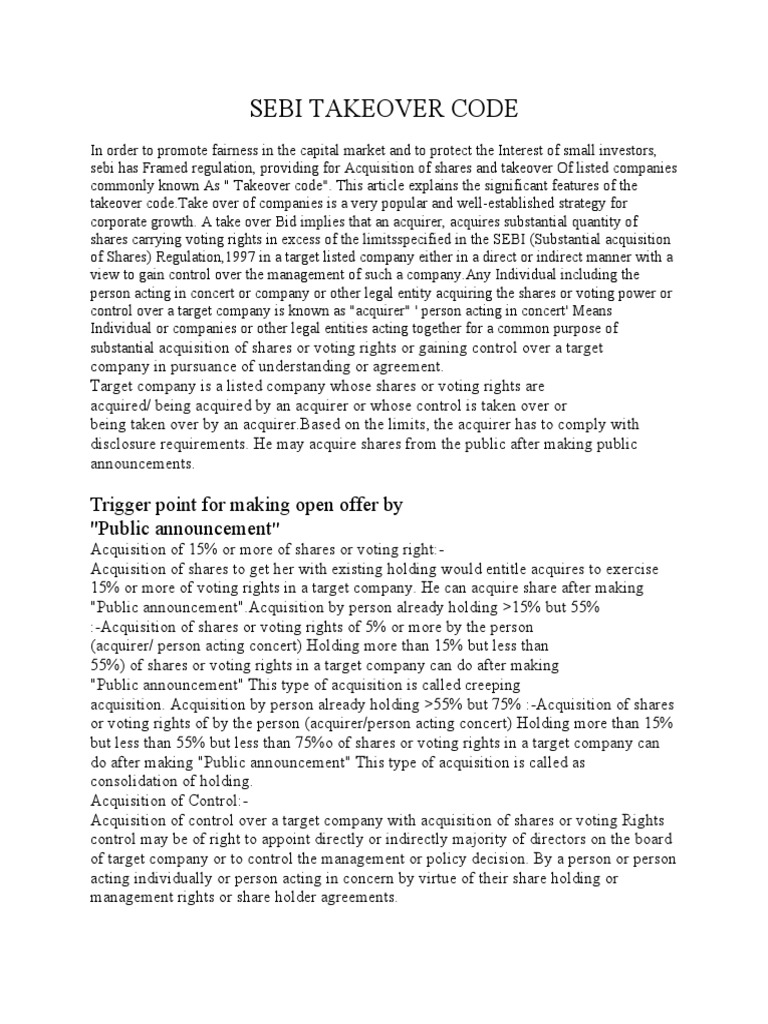 Sebi Takeover Code: Trigger Point For Making Open Offer by "Public ...
