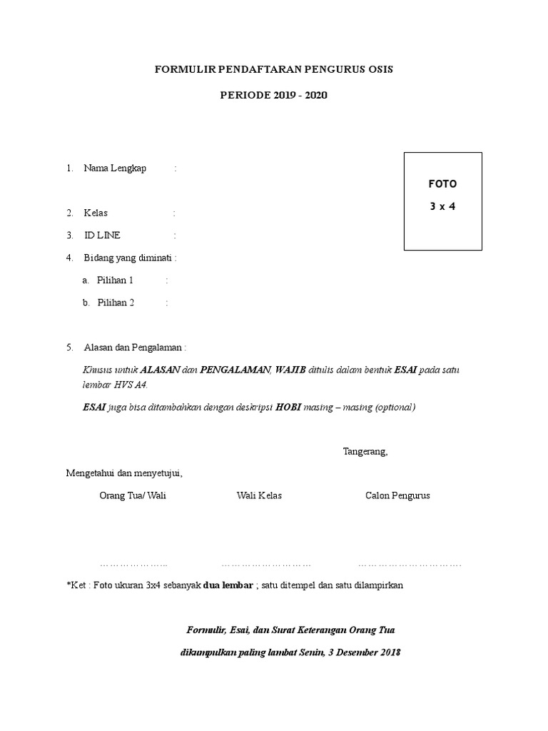 Formulir Pendaftaran Pengurus OSIS | PDF