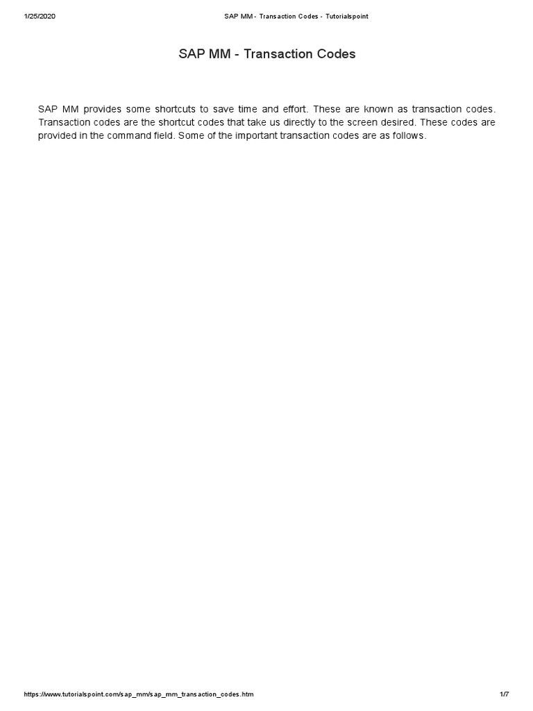 SAP MM - Transaction Codes - Tutorialspoint | PDF | Business | Computing And Information Technology