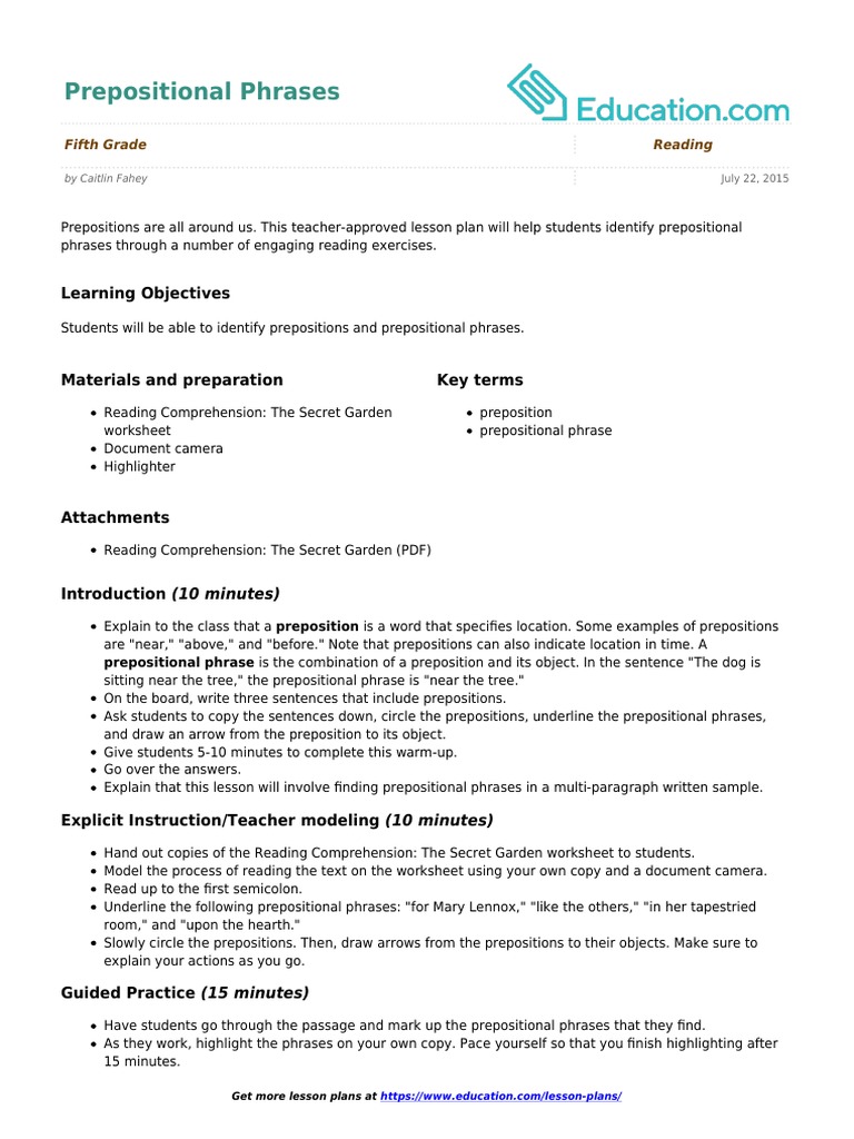 Prepositional Phrases | PDF | Preposition And Postposition | Reading ...