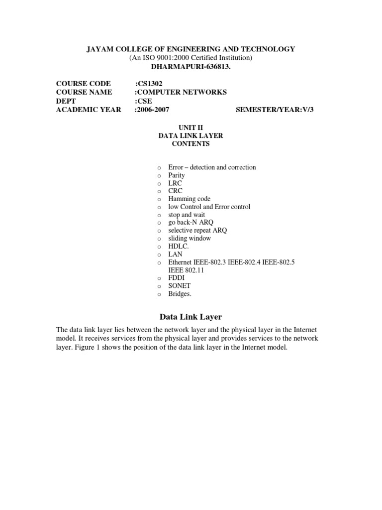 Unit Ii Data Link Layer | PDF | Error Detection And Correction | Transmission Control Protocol