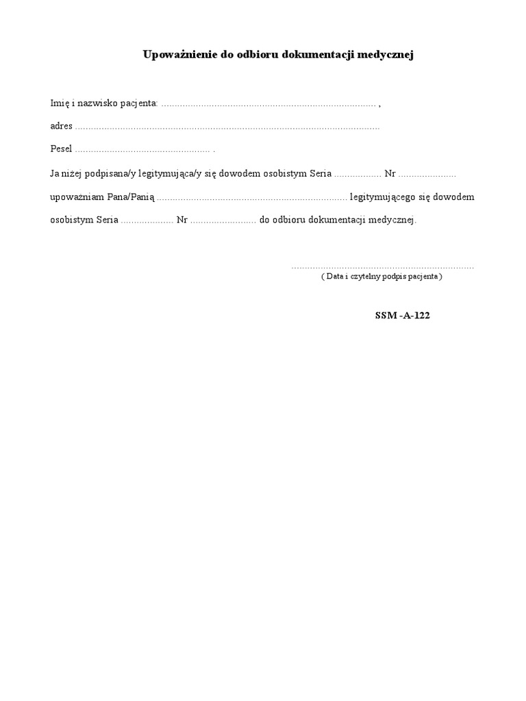 Upowaznienie Do Odbioru Dokumentacji Medycznej | PDF Upowaznienie Do Odbioru Dokumentacji Medycznej | PDF