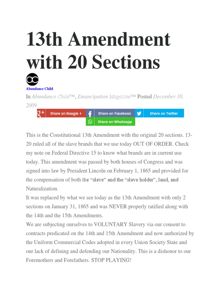 13th Amendment With 20 Sections | PDF | Thirteenth Amendment To The ...