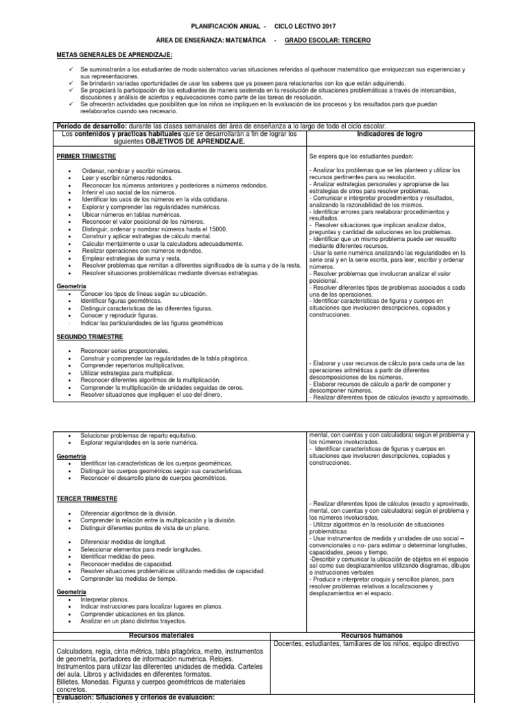 Planificación Matemática Tercer Grado | PDF | Geometría | Multiplicación
