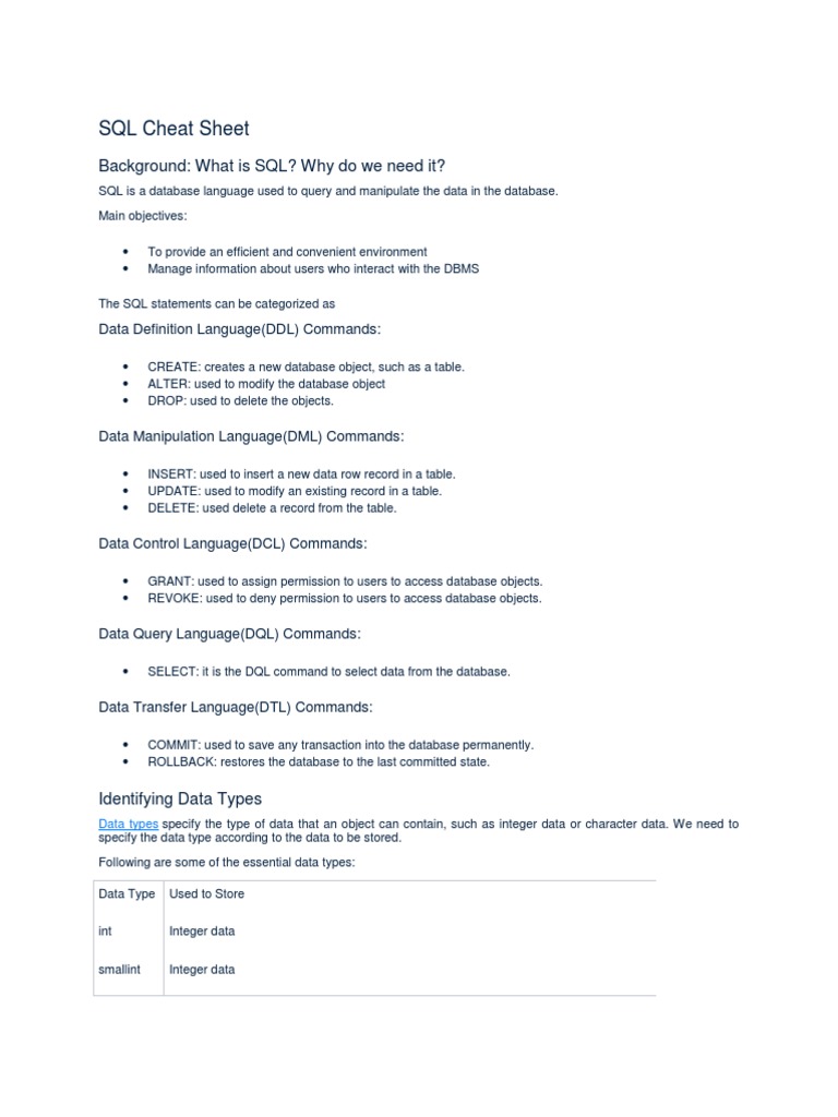 Sql Cheatsheet Pdf Database Index Trigonometric Functions 