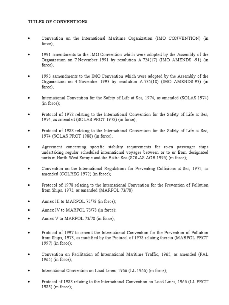 IMO Conventions Titles | PDF | Shipping | Water Transport