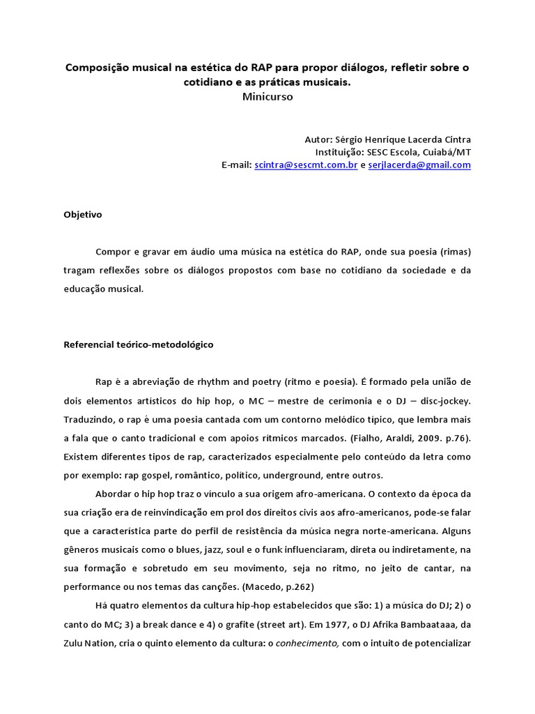Composição Musical Na Estética Do RAP para Propor Diálogos, Refletir ...
